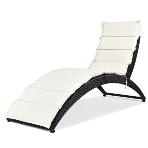 augester patio chaise lounge, outdoor lounge chair, pe rattan foldable chaise lounger with removable cushion, wicker reclining lounger suitable for poolside, garden, balcony (beige)