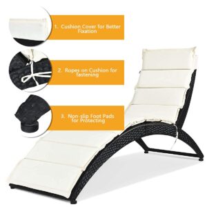 AUGESTER Patio Chaise Lounge, Outdoor Lounge Chair, PE Rattan Foldable Chaise Lounger with Removable Cushion, Wicker Reclining Lounger Suitable for Poolside, Garden, Balcony (Beige)