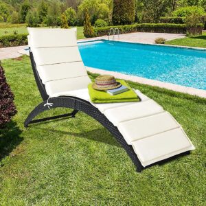 AUGESTER Patio Chaise Lounge, Outdoor Lounge Chair, PE Rattan Foldable Chaise Lounger with Removable Cushion, Wicker Reclining Lounger Suitable for Poolside, Garden, Balcony (Beige)