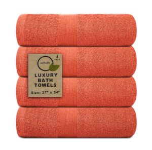 softolle 100% cotton luxury bath towels -towels for bathroom - set of 4 bath towel (27” x 54”)- eco-friendly, super soft, highly absorbent bath towel - oeko-tex certified (grey) (coral)