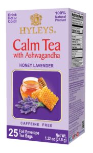 hyleys calm tea with ashwagandha - lavender & honey flavor - caffeine-free, 100% natural herbal tea - 25 tea bags