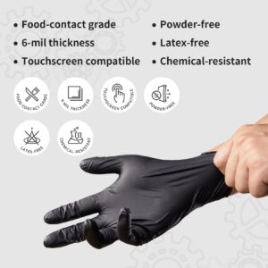 LANON 6-mil Black Nitrile Disposable Gloves, Food-Safe, Powder-Free, Heavy-Duty, Textured Fingertips, Latex-Free, XL