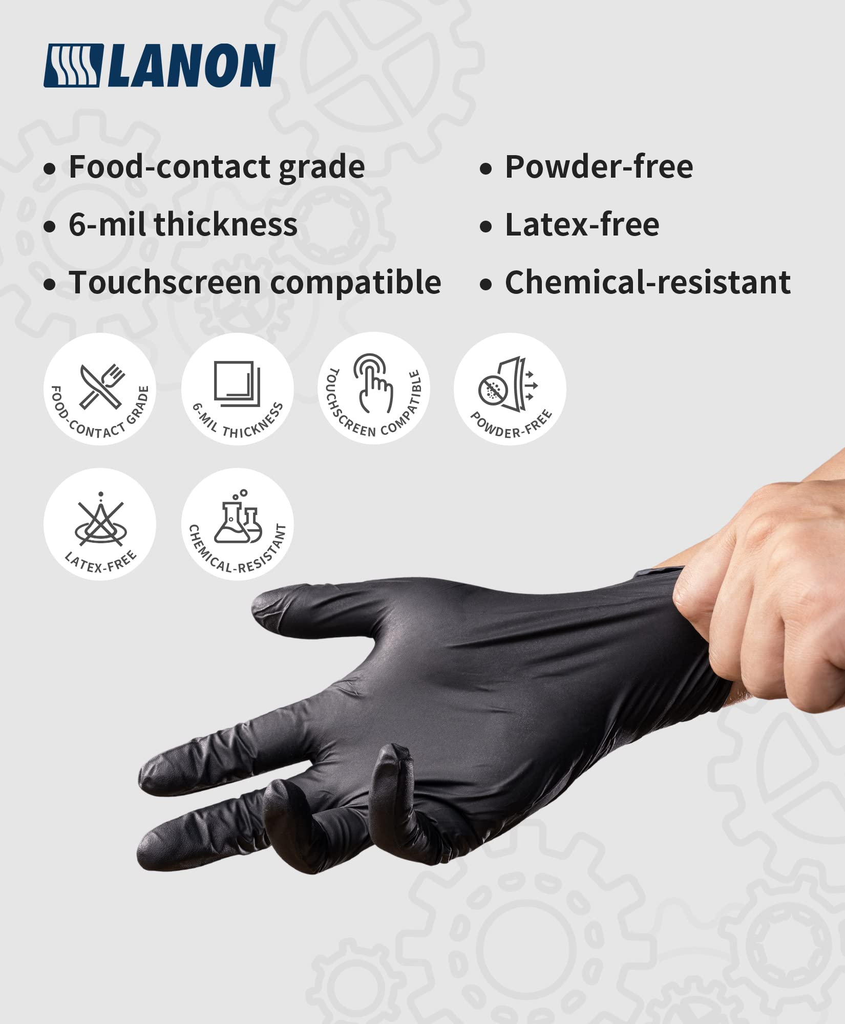 LANON 6-mil Black Nitrile Disposable Gloves, Food-Safe, Powder-Free, Heavy-Duty, Textured Fingertips, Latex-Free, XL