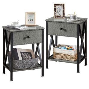 vecelo nightstands set of 2, modern bedside end tables, night stands with drawer and storage shelf for living room bedroom, industrial metal frame, dark gray