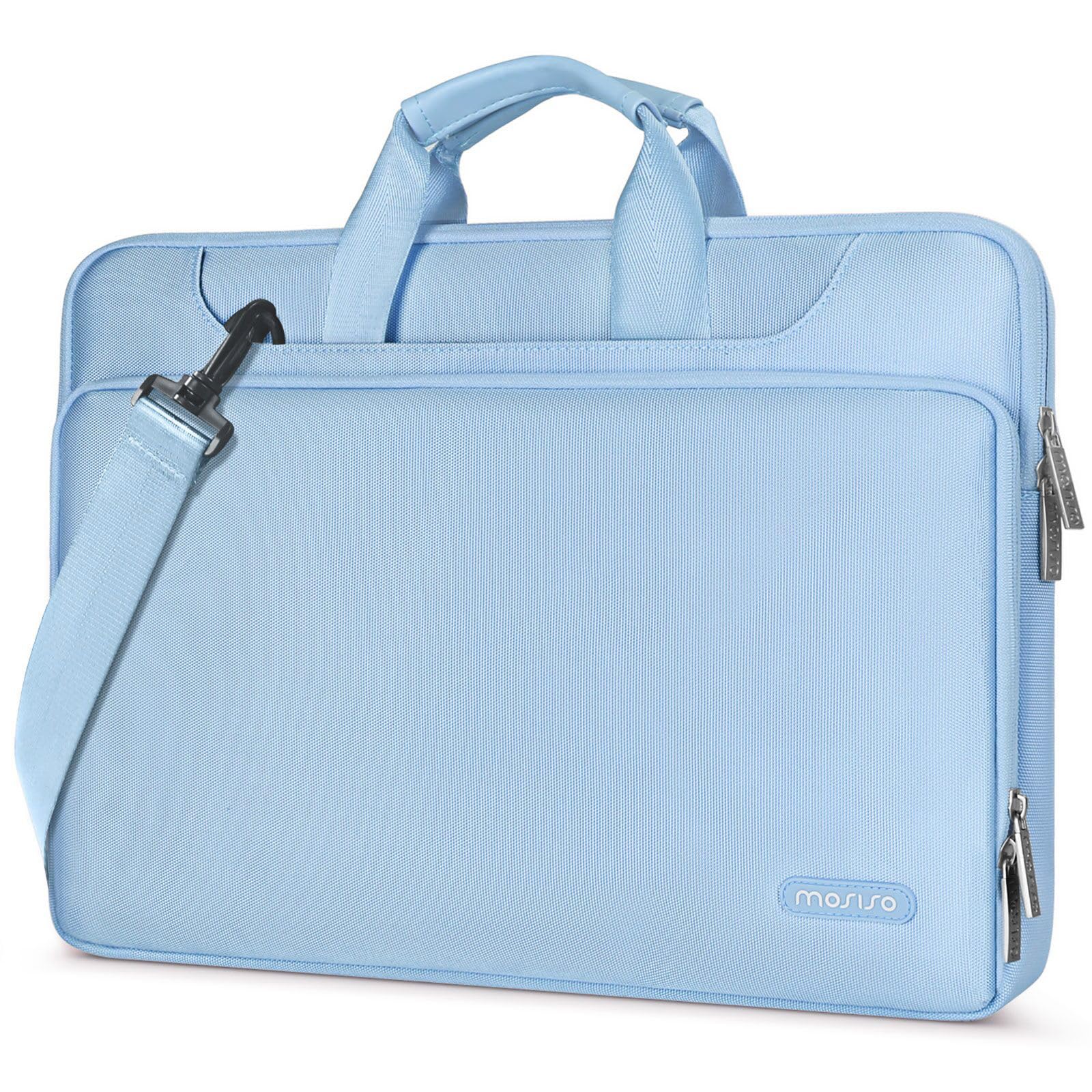 MOSISO 360 Protective Laptop Shoulder Bag Compatible with MacBook Air 15 inch M2 A2941 2023/Pro 16 inch M3 M2 M1 2023-2019, 15-15.6 inch Notebook,Matching Color Sleeve with Belt, Airy Blue