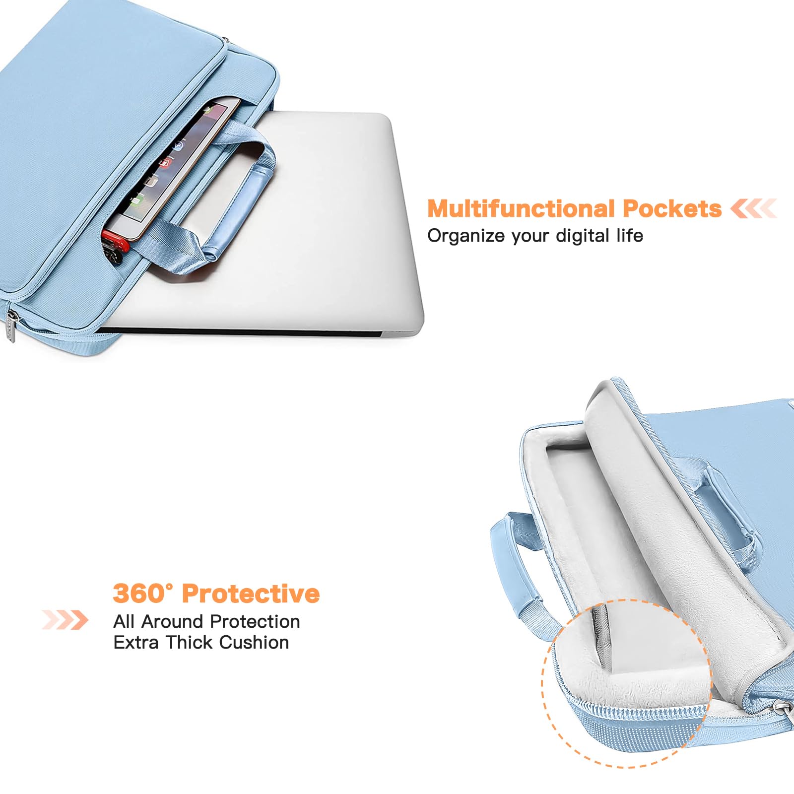 MOSISO 360 Protective Laptop Shoulder Bag Compatible with MacBook Air 15 inch M2 A2941 2023/Pro 16 inch M3 M2 M1 2023-2019, 15-15.6 inch Notebook,Matching Color Sleeve with Belt, Airy Blue