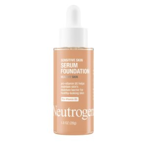 neutrogena healthy skin sensitive skin serum foundation with pro-vitamin b5, color correcting & pore minimizing liquid foundation & face serum, buildable coverage, medium 02, 1 oz