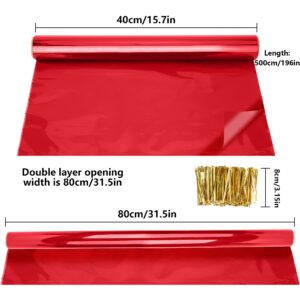 Wehhbtye 2 Rolls Christmas Cellophane Roll - 33Ft Long x 32In Wide Transparent Cellophane Wrapping Paper with 800PCS 3”Gold Twist Ties - Colored Cellophane Wrap for Gift Basket Treats Package Storage