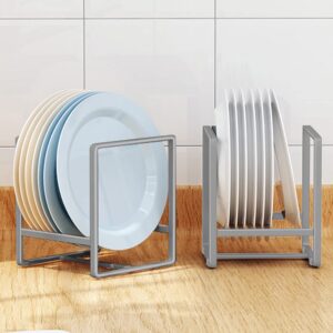 mingfanity 2pcs plate holders organizer, metal dish storage dying display rack for cabinet, counter and cupboard, grey, small