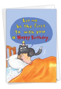 nobleworks - 1 awesome birthday greeting card - cartoon art, happy funny bday note - cat on head c3791hbdg