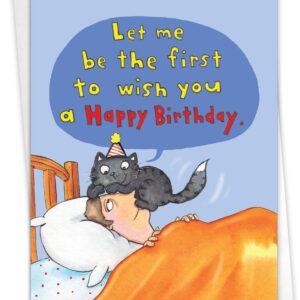 NobleWorks - 1 Awesome Birthday Greeting Card - Cartoon Art, Happy Funny Bday Note - Cat on Head C3791HBDG