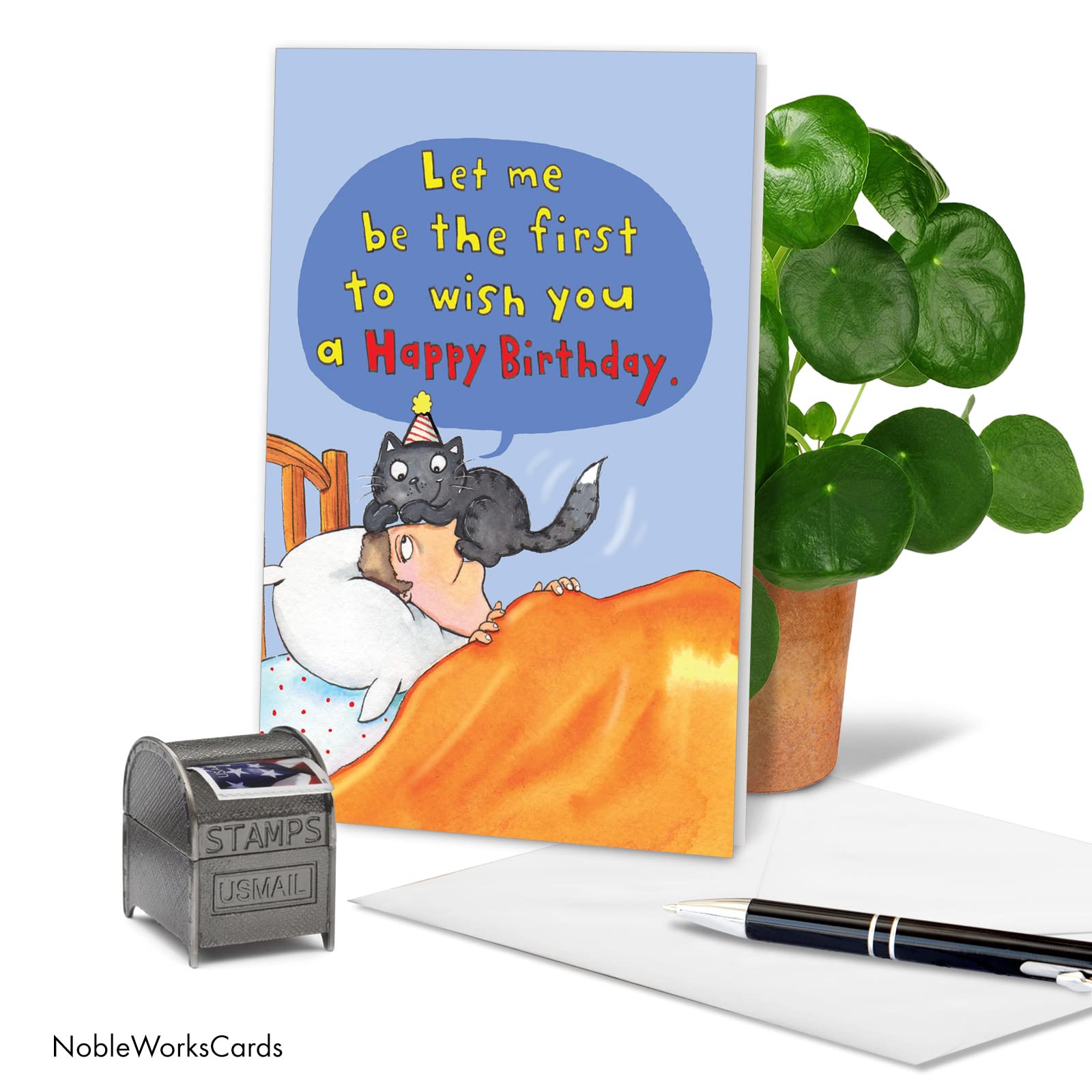 NobleWorks - 1 Awesome Birthday Greeting Card - Cartoon Art, Happy Funny Bday Note - Cat on Head C3791HBDG