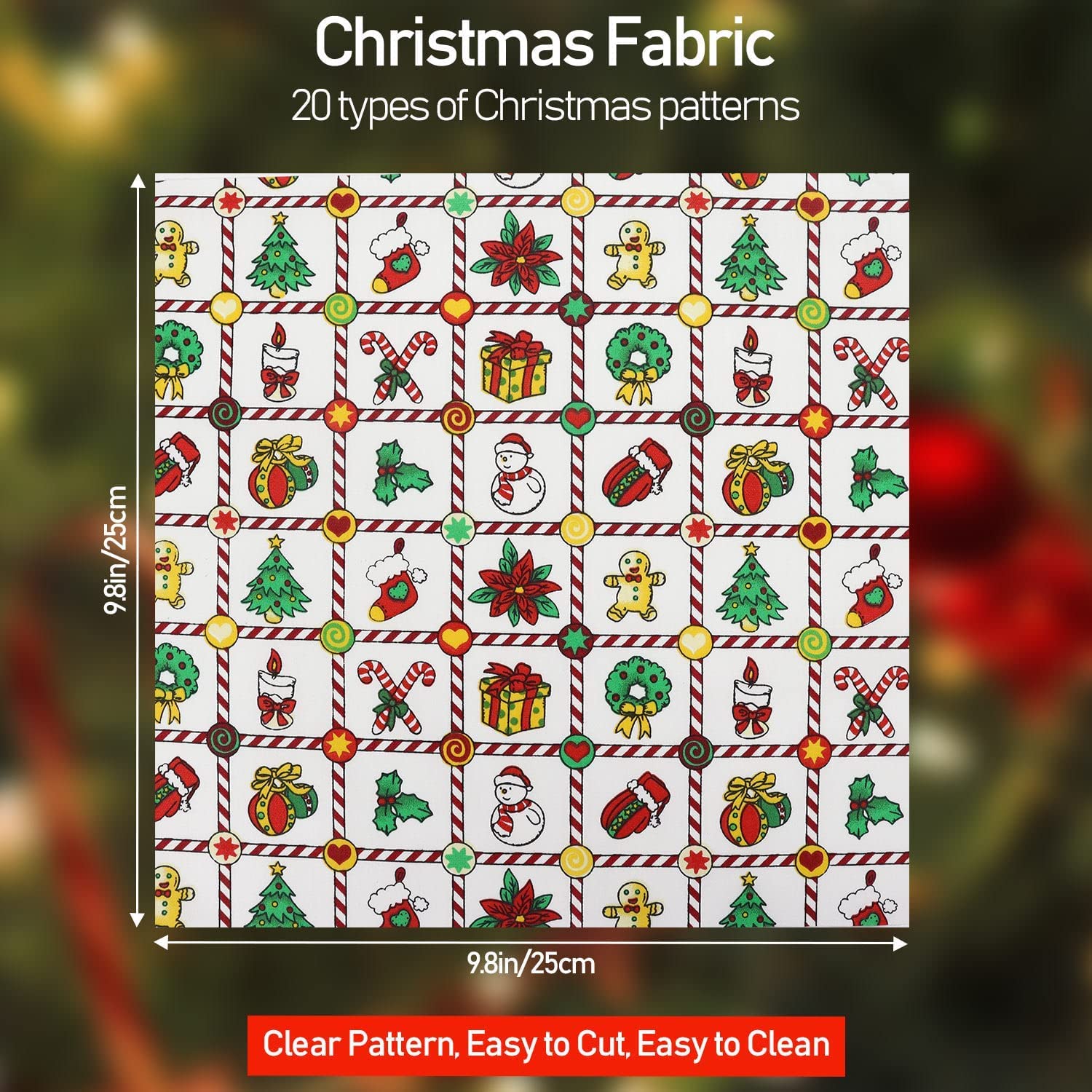 Christmas Fabric Bundles, 20 Pcs Different Pattern Christmas Quilting Fabric, Fabric Squares with Snowman and Santa Christmas Cotton Fabric Sewing Crafting DIY Supplies(9.8 x 9.8 Inch/25 x 25 cm)