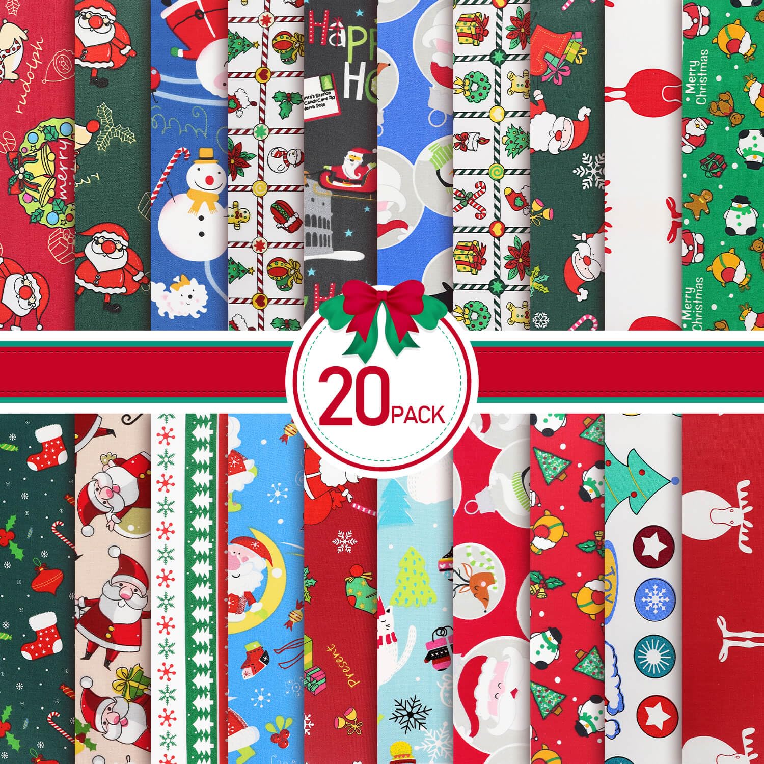 Christmas Fabric Bundles, 20 Pcs Different Pattern Christmas Quilting Fabric, Fabric Squares with Snowman and Santa Christmas Cotton Fabric Sewing Crafting DIY Supplies(9.8 x 9.8 Inch/25 x 25 cm)