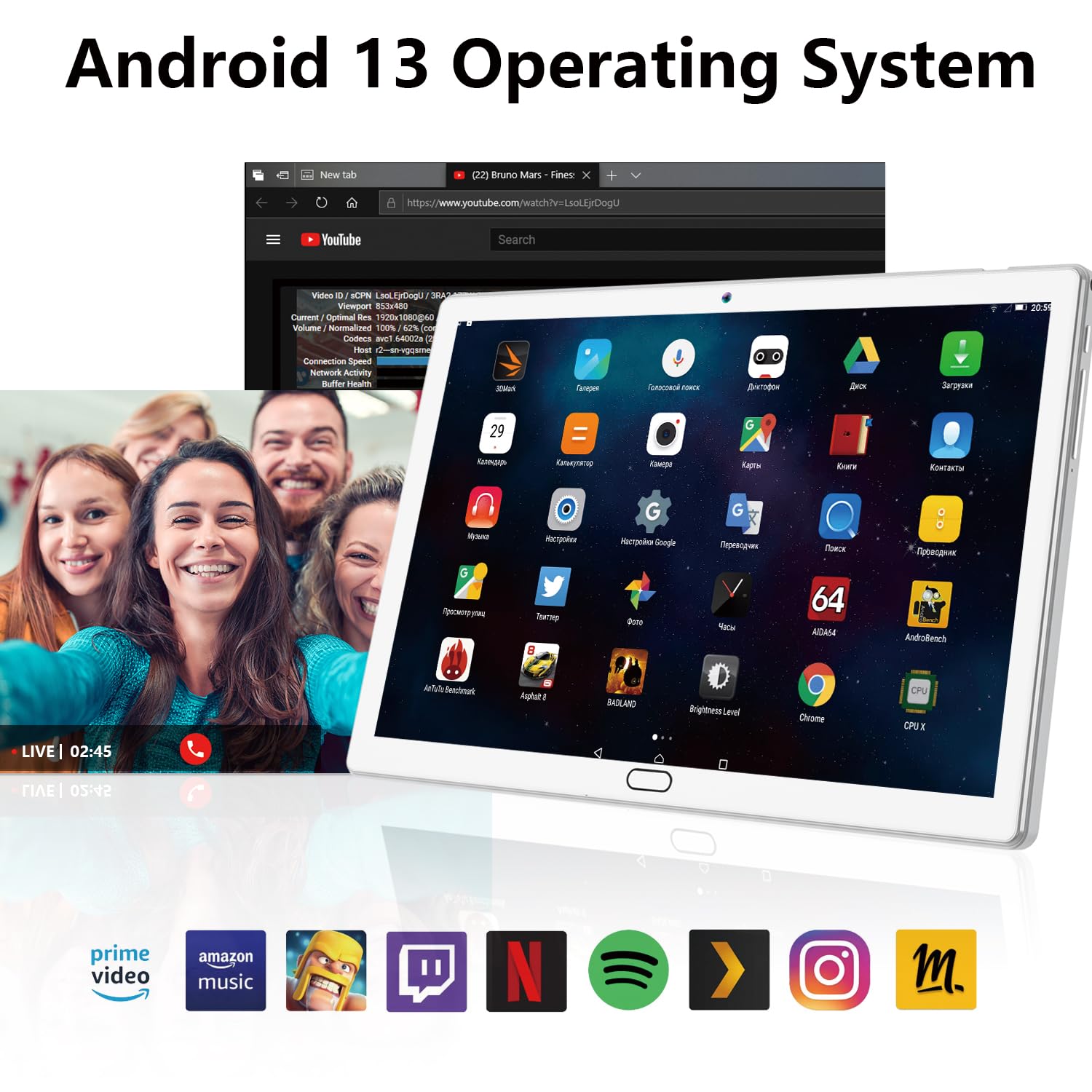 10 Inch Tablet Android 13 Tablets, 2 in 1 Tablet PC with 4+64/128GB Storage Octa-Core, Dual Sim Card Slots Tablet with Keyboard, 13MP Camera, 6000mAh Battery, GPS, Bluetooth, WiFi, Case Included