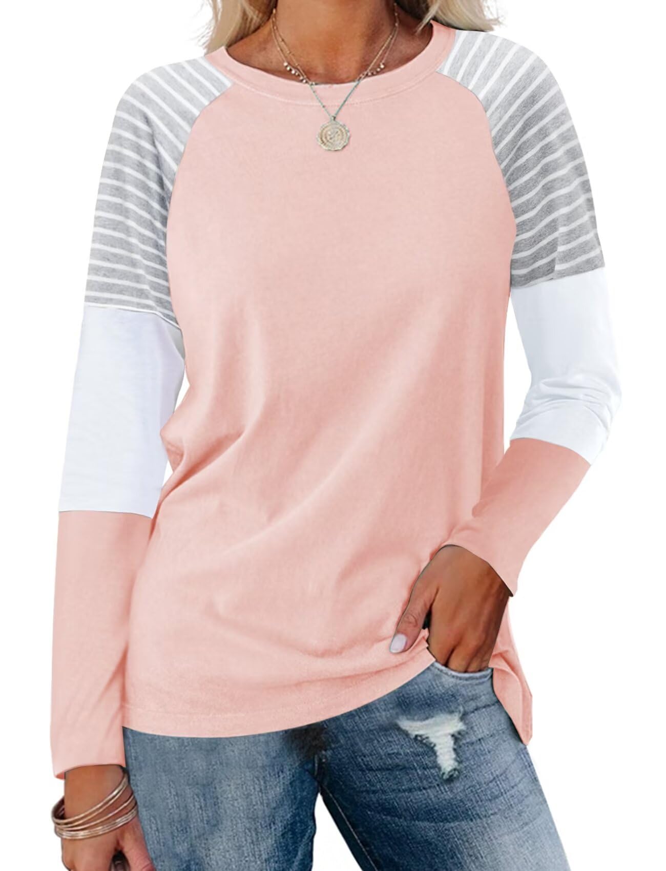 Minetom Women's Color Block Tunic Tops Striped Long Sleeve Shirts Casual Round Neck Pullover B Pink