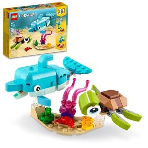 lego creator 3 in 1 dolphin and turtle toys for kids, transforms to seahorse and sea snail or to swimming fish and crab, toy sea animal figures building set for kids 6 plus years old, 31128