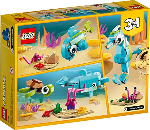 LEGO Creator 3 in 1 Dolphin and Turtle Toys for Kids, Transforms to Seahorse and Sea Snail or to Swimming Fish and Crab, Toy Sea Animal Figures Building Set for Kids 6 Plus Years Old, 31128