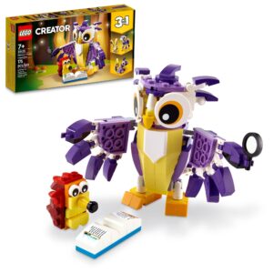 lego creator 3 in 1 fantasy forest creatures, woodland animal toys set transforms from rabbit to owl to squirrel figures, gift for 7 plus year old girls and boys, 31125