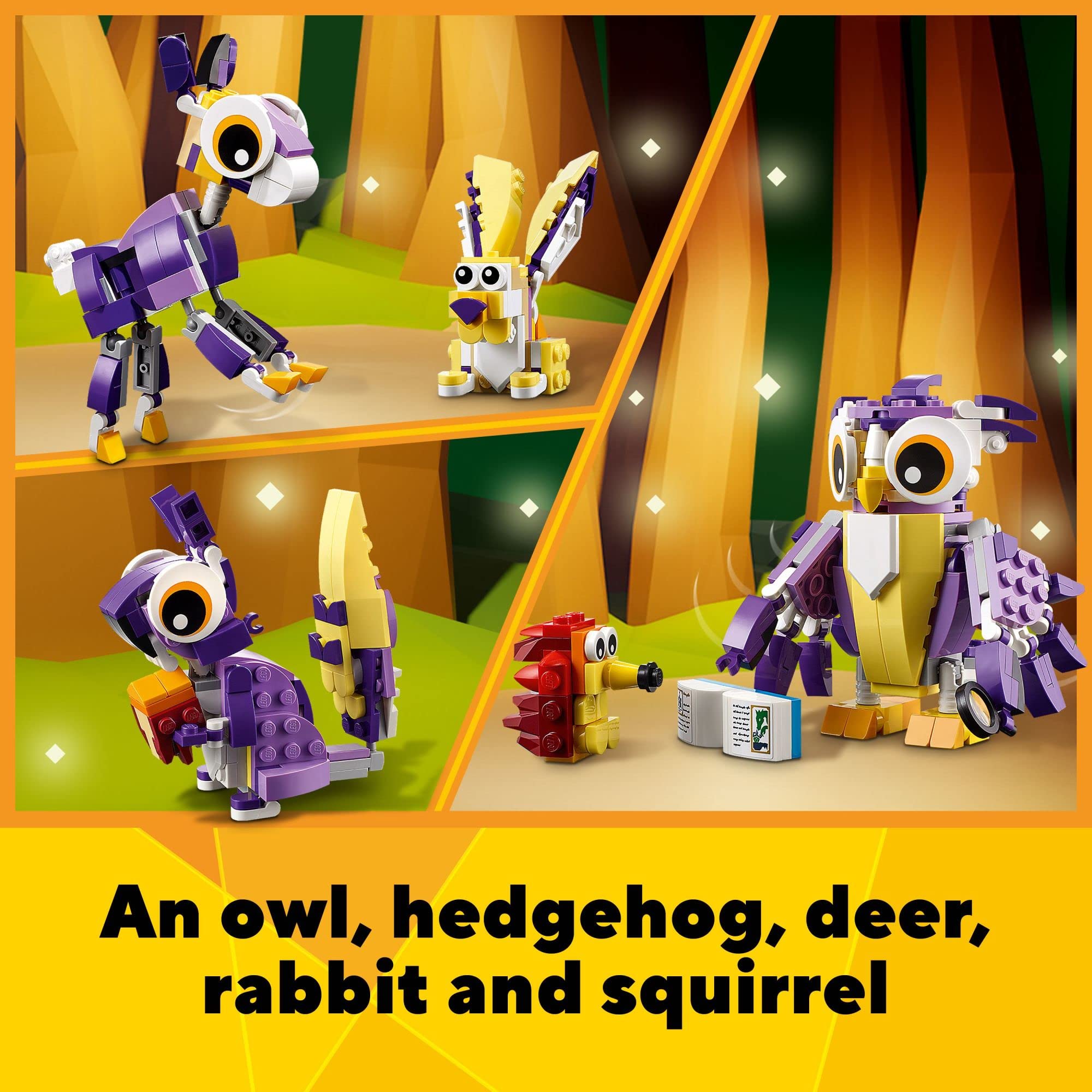 LEGO Creator 3 in 1 Fantasy Forest Creatures, Woodland Animal Toys Set Transforms from Rabbit to Owl to Squirrel Figures, Gift for 7 Plus Year Old Girls and Boys, 31125