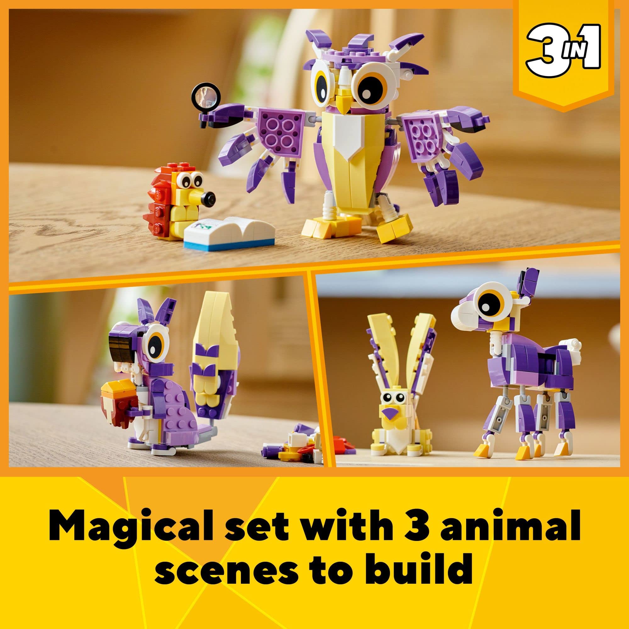 LEGO Creator 3 in 1 Fantasy Forest Creatures, Woodland Animal Toys Set Transforms from Rabbit to Owl to Squirrel Figures, Gift for 7 Plus Year Old Girls and Boys, 31125