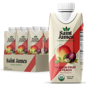 saint james iced tea | passion fruit & peach organic green tea | organic, non-gmo green tea, 12 pack (16.9oz each)