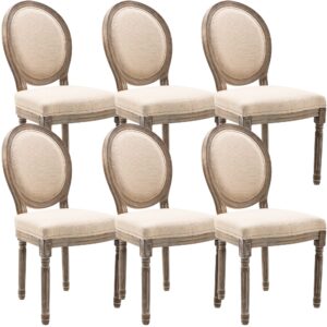 chairus farmhouse dining chairs set of 6, french country dining room chairs vintage fabric upholstered chair with round back dark wood legs, beige 6 pcs