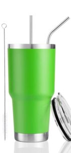 30 oz green tumbler stainless steel double wall vacuum insulated mug with straw and lid, cleaning brush for cold and hot beverages