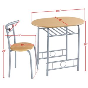 Topeakmart 3 Piece Kitchen Table Set - Dining Table Sets for 2 - Compact Table and Chairs w/Steel Frame & Shelf Storage for Small Spaces, Apartment,Bistro - Natural