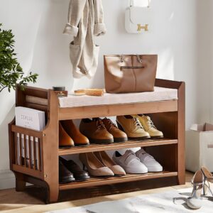 petkaboo 2 tier shoe bench, bamboo shoe rack bench, shoe storage bench organizer for entryway hallway living room