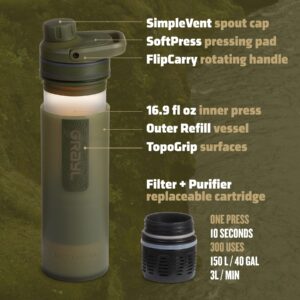 GRAYL UltraPress 16.9 oz Water Purifier & Filter Bottle for Hiking, Backpacking, Survival, Travel (Olive Drab)