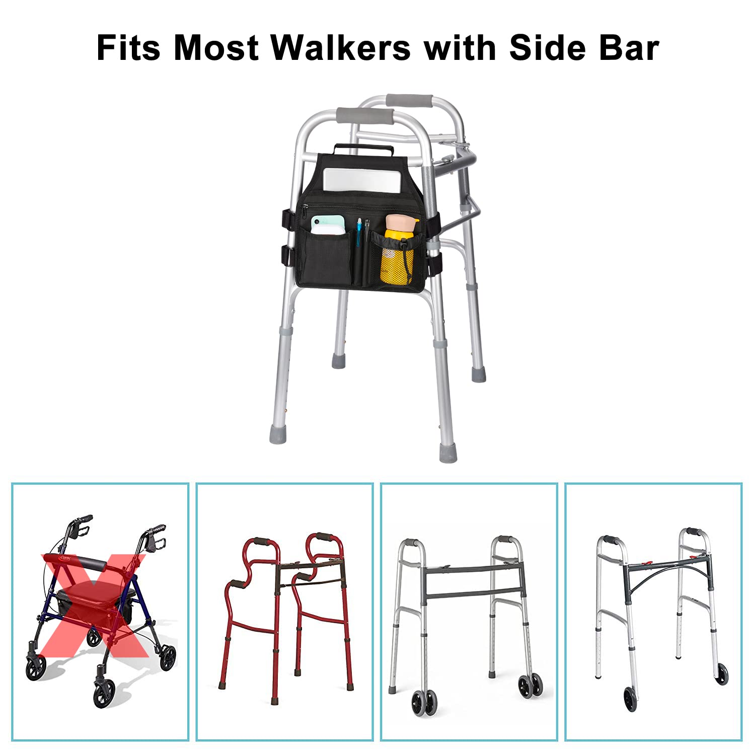 supregear Side Walker Bag, Walker Accessories Bag w/Cup Holder, Folding Walker Basket Waterproof Walker Organizer Caddy Pouch for Most Walker with Side Bar for Seniors, Elderly, Double Sided