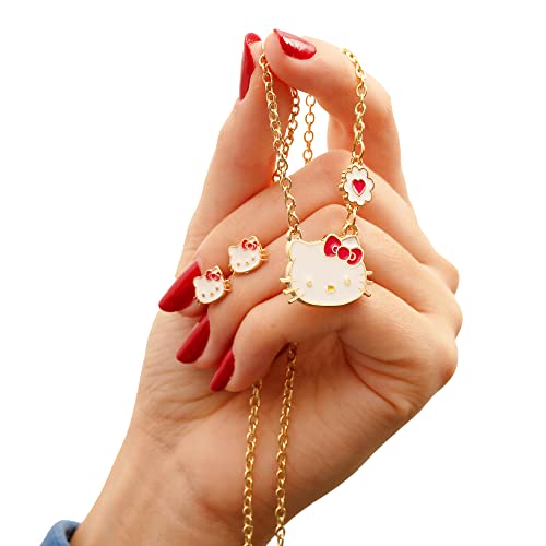 Hello Kitty Sanrio Girls Jewelry Set - Flash Plated 18+3 Necklace and Stud Earrings Officially Licensed