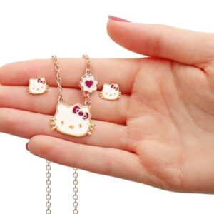 Hello Kitty Sanrio Girls Jewelry Set - Flash Plated 18+3 Necklace and Stud Earrings Officially Licensed