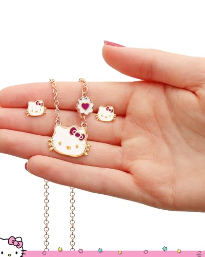 Hello Kitty Sanrio Girls Jewelry Set - Flash Plated 18+3 Necklace and Stud Earrings Officially Licensed