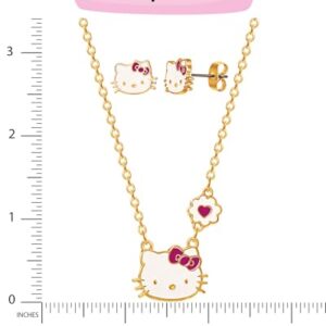 Hello Kitty Sanrio Girls Jewelry Set - Flash Plated 18+3 Necklace and Stud Earrings Officially Licensed