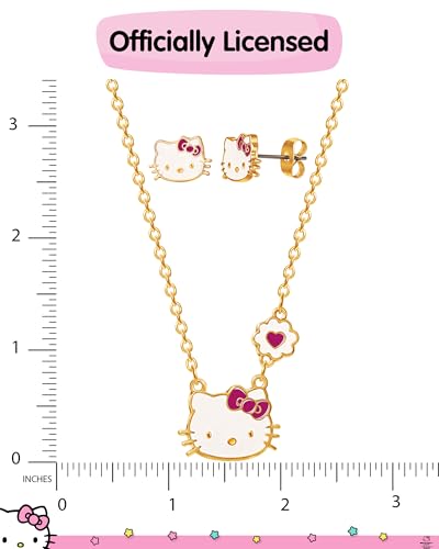 Hello Kitty Sanrio Girls Jewelry Set - Flash Plated 18+3 Necklace and Stud Earrings Officially Licensed