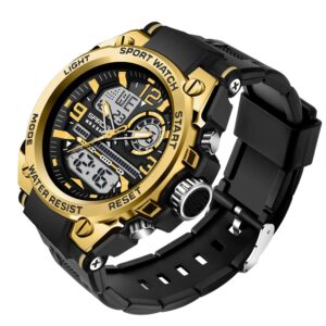 military watches for men tactical waterproof outdoor sports watch analog digital multifunction dual display mens wristwatch (gold black)