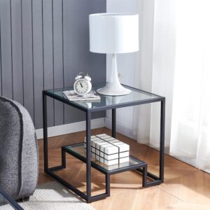 black metal glass coffee table - simple end table for living room home, minimalist metal style coffee table with 2 shelves, 21 inch small modern side table for bedroom, dinning room,office