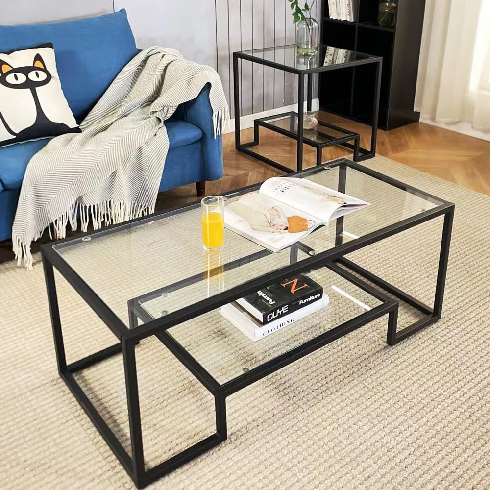 Black Metal Glass Coffee Table - Simple End Table for Living Room Home, Minimalist Metal Style Coffee Table with 2 Shelves, 21 inch Small Modern Side Table for Bedroom, Dinning Room,Office