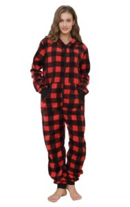 dressfan unisex buffalo plaid pajamas hooded onesie thermal jumpsuit christmas pjs set for family couples women men zipper red black m