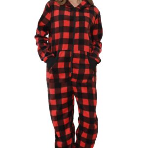 dressfan Unisex Buffalo Plaid Pajamas Hooded Onesie Thermal Jumpsuit Christmas PJS Set for Family Couples Women Men Zipper Red Black M