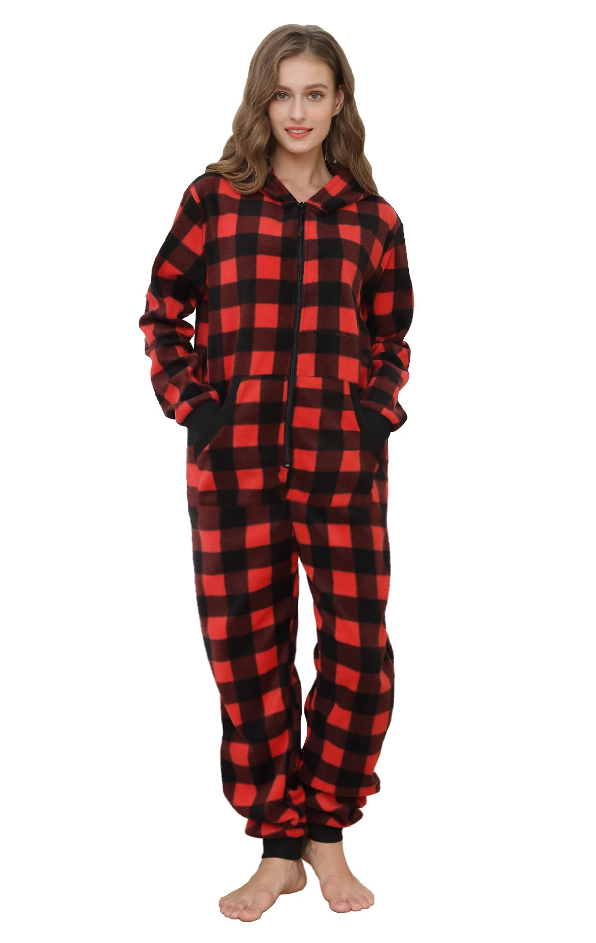 dressfan Unisex Buffalo Plaid Pajamas Hooded Onesie Thermal Jumpsuit Christmas PJS Set for Family Couples Women Men Zipper Red Black M