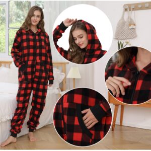 dressfan Unisex Buffalo Plaid Pajamas Hooded Onesie Thermal Jumpsuit Christmas PJS Set for Family Couples Women Men Zipper Red Black M