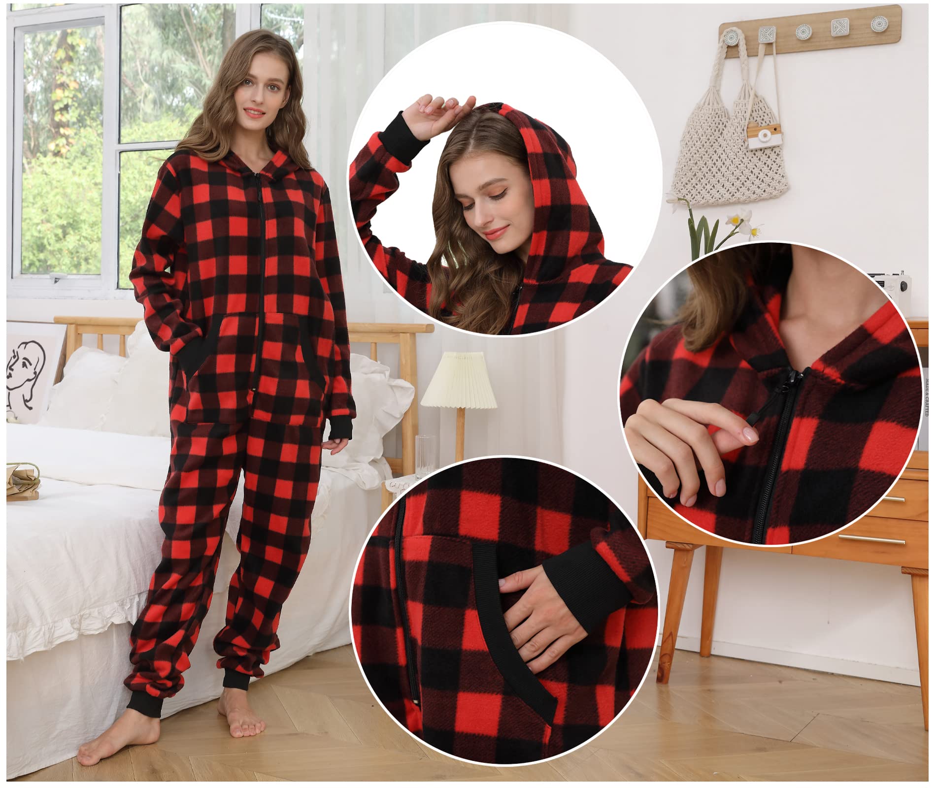 dressfan Unisex Buffalo Plaid Pajamas Hooded Onesie Thermal Jumpsuit Christmas PJS Set for Family Couples Women Men Zipper Red Black M