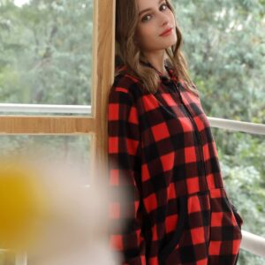 dressfan Unisex Buffalo Plaid Pajamas Hooded Onesie Thermal Jumpsuit Christmas PJS Set for Family Couples Women Men Zipper Red Black M