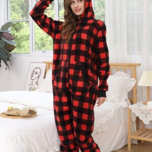 dressfan Unisex Buffalo Plaid Pajamas Hooded Onesie Thermal Jumpsuit Christmas PJS Set for Family Couples Women Men Zipper Red Black M