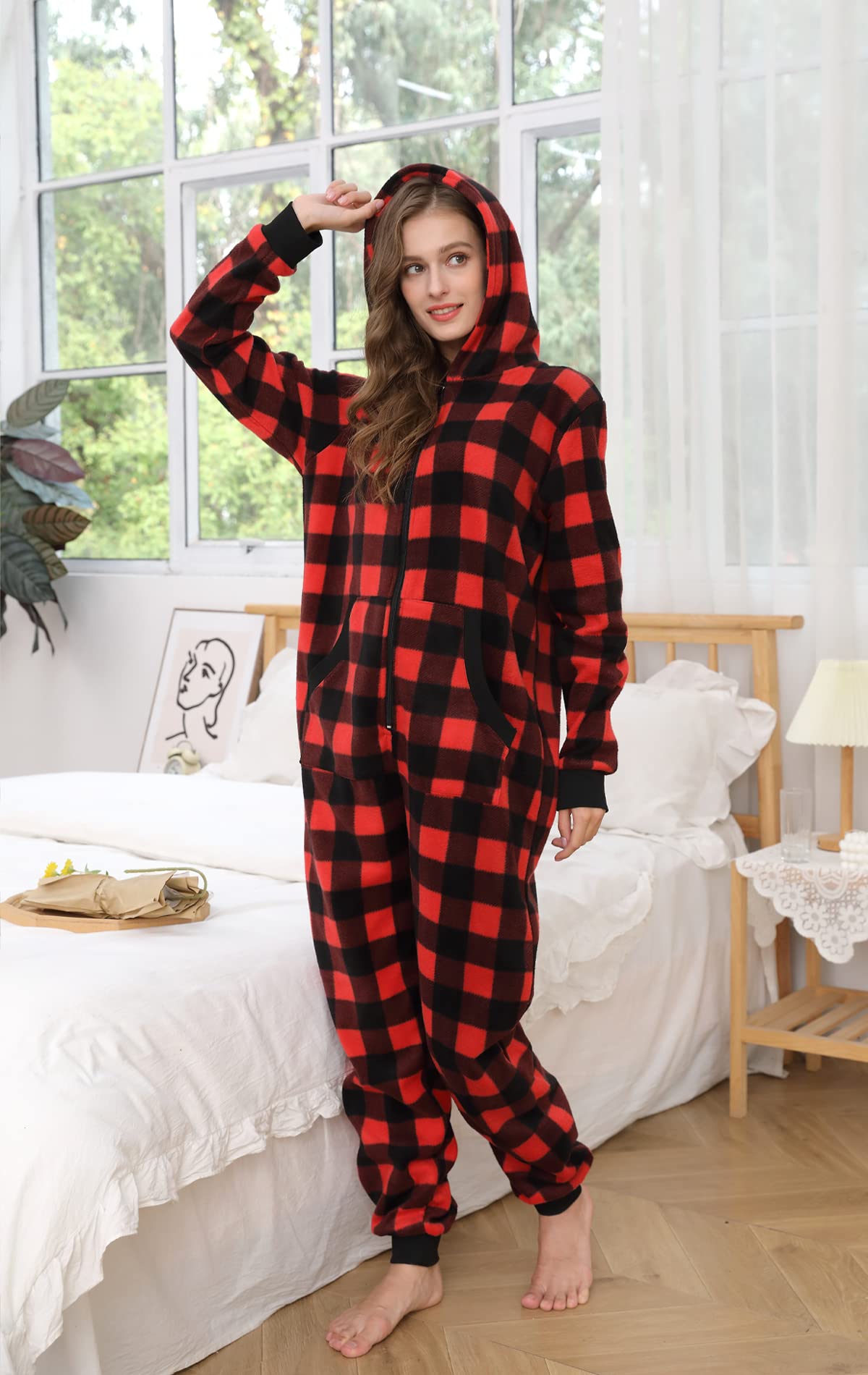 dressfan Unisex Buffalo Plaid Pajamas Hooded Onesie Thermal Jumpsuit Christmas PJS Set for Family Couples Women Men Zipper Red Black M