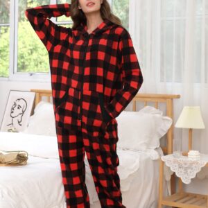 dressfan Unisex Buffalo Plaid Pajamas Hooded Onesie Thermal Jumpsuit Christmas PJS Set for Family Couples Women Men Zipper Red Black M