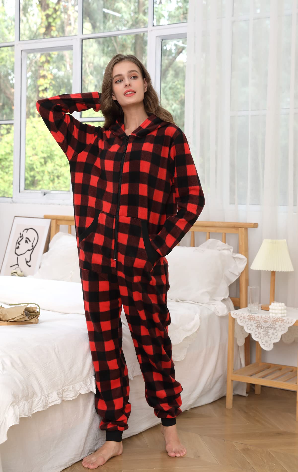 dressfan Unisex Buffalo Plaid Pajamas Hooded Onesie Thermal Jumpsuit Christmas PJS Set for Family Couples Women Men Zipper Red Black M